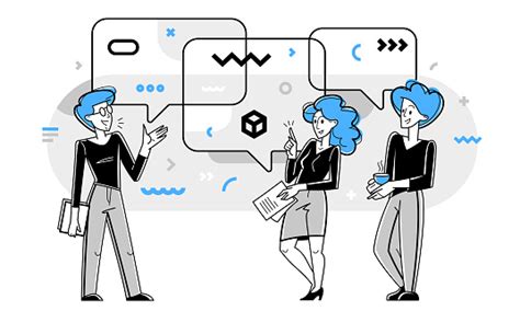 젊은이들로 구성된 팀이 직장에서 몇 가지 문제를 해결하는 것에 대해 토론하고 새로운 창의적인 아이디어에 대해 브레인스토밍하고 벡터 개요 그림을 보여줍니다 사람들에 대한 스톡