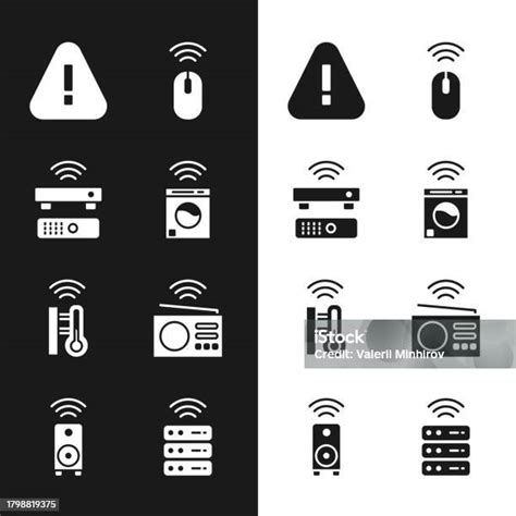 스마트 세탁기 무선 Tv 박스 수신기 삼각형의 느낌표 마우스 온도계 라디오 서버 및 스테레오 스피커 아이콘을 설정합니다 벡터 검은색에 대한 스톡 벡터 아트 및 기타 이미지