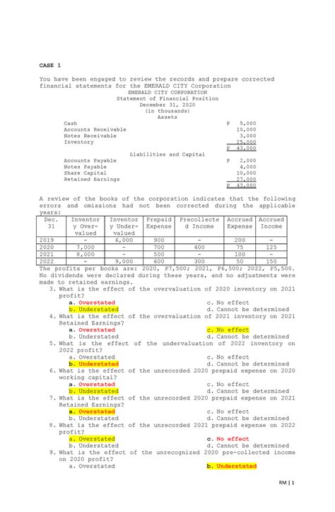 Correction OF Errors QUIZ CASE You Have Been Engaged To Review The Records And Prepare