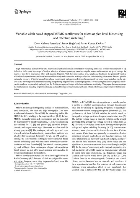 Pdf Variable Width Based Stepped Mems Cantilevers For Micro Or Pico