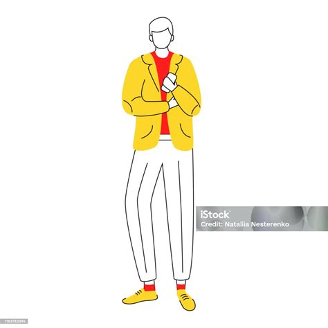 남성 사무실 노동자 플랫 윤곽 벡터 그림입니다 회사 관리자 젊은 기업가 흰색 배경에 스마트 폰 고립 된 얼굴없는 만화 캐릭터와 정장 옷을 입은 사업가 가공의 인물에 대한