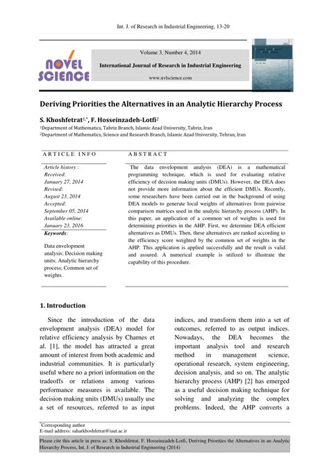 Pdf Deriving Priorities The Alternatives In An Analytic Hierarchy Process