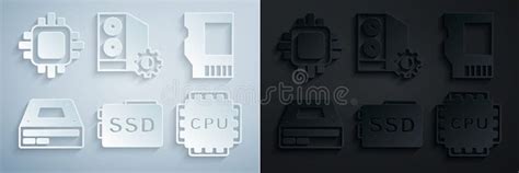 Set Ssd Card Optical Disc Drive Processor With Cpu Case Of Computer And Icon Vector Stock