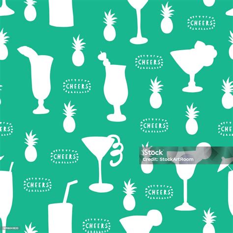 칵테일 유리 원활한 벡터 패턴입니다 화이트 알코올 레터링 건배와 파인애플 청록색 바탕에 잔을 마시는 배경 레스토랑 메뉴 메뉴 장식 여름 파티 바에 대 한 감귤류 과일에 대한