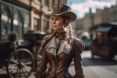 Premium Ai Image Woman In Elegant Victorian Dress And Hat Walking Through The Streets Of