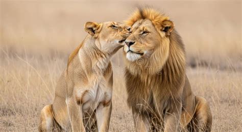 Lioness Affectionately Nuzzling Male Lion In Golden Grassland 2 Stock