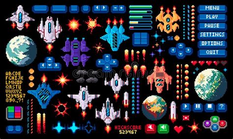 8bit Arcade Space Pixel Game Asset Invaders Set Stock Vector Illustration Of Button Effect