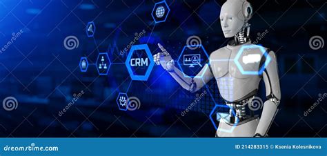 Crm Customer Relationship Management Automation Rpa Concept Robot Pressing Button On Screen 3d