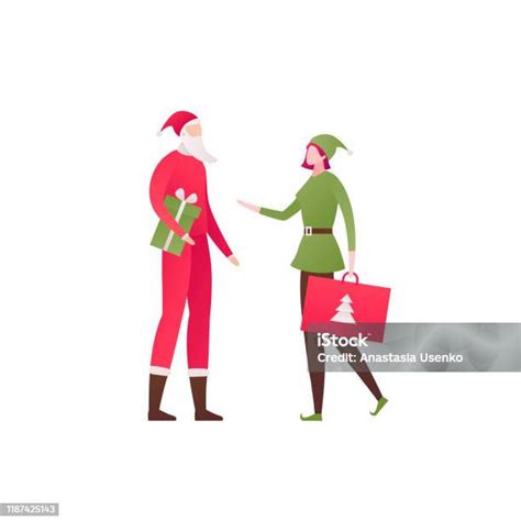 벡터 플랫 크리스마스 축하 사람들 그림입니다 흰색 배경에 선물 가방 상자와 산타 클로스와 엘프 의상에 남자와 여자 휴일 개념입니다 배너 포스터 웹을 위한 디자인 요소 12