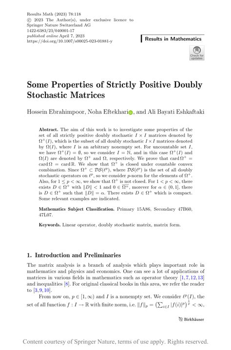 Some Properties Of Strictly Positive Doubly Stochastic Matrices