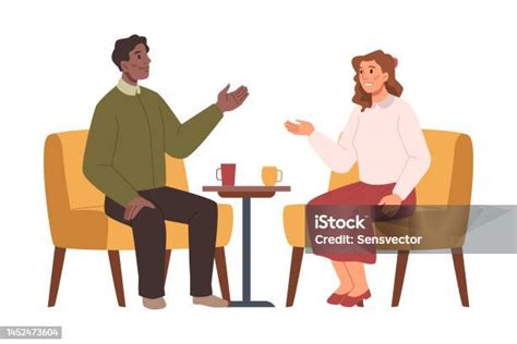 사업가 또는 유명인 캐릭터가 의자에 앉아 여성 기자와 인터뷰를 하고 있다 기자 회견 라이브 보고서 커피를 마시 며 테이블에 앉아