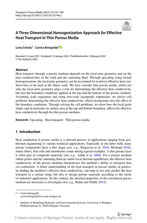 Pdf A Three Dimensional Homogenization Approach For Effective Heat Transport In Thin Porous Media
