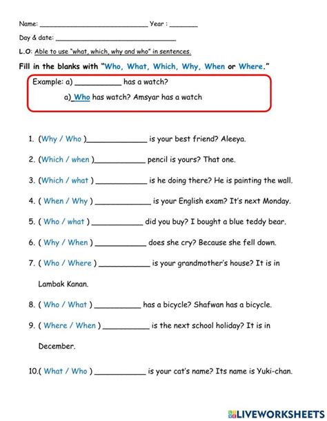 WH Questions Online Exercise For Grade Year