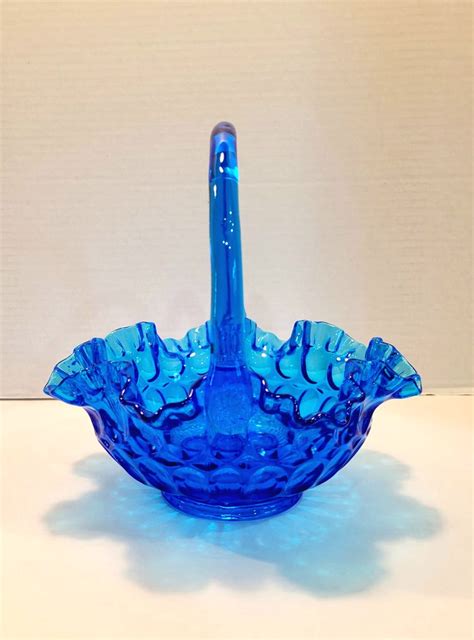 Vtg Fenton Cobalt Blue Thumbprint Pattern 4438 Glass Basket 1962 1968 Etsy