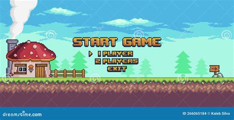 Pixel Art 8bit Game Home Screen Landscape Start Game Background Vector