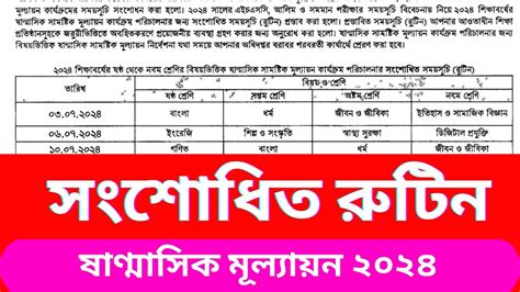 ষাণ্মাসিক সামষ্টিক মূল্যায়নের রুটিন পরিবর্তন ষষ্ঠ নবম শ্রেণির অর্ধ বার্ষিক পরীক্ষার রুটিন