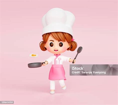 유니폼 튀긴 계란 요리 레스토랑 마스코트 캐릭터 로고에 귀여운 요리사 소녀 핑크 배경 3d 일러스트 만화 3차원 형태에 대한 스톡 사진 및 기타 이미지 Istock