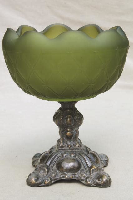 Vintage Flower Bowl Green Satin Frosted Glass Bowl W Ornate Gold Metal Pedestal Stand