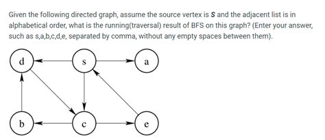 Solved Given The Following Directed Graph Assume The Source