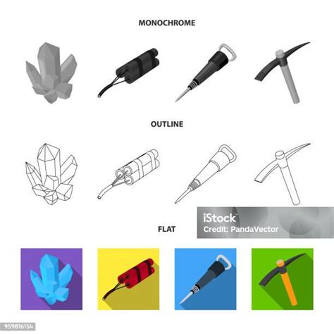 미네랄 폭발물 착 암기 곡 괭 이입니다 광산업 평면 개요 흑백 스타일 벡터 기호 재고 일러스트 웹 컬렉션 아이콘을 설정 합니다 0명에 대한 스톡 벡터 아트 및 기타 이미지