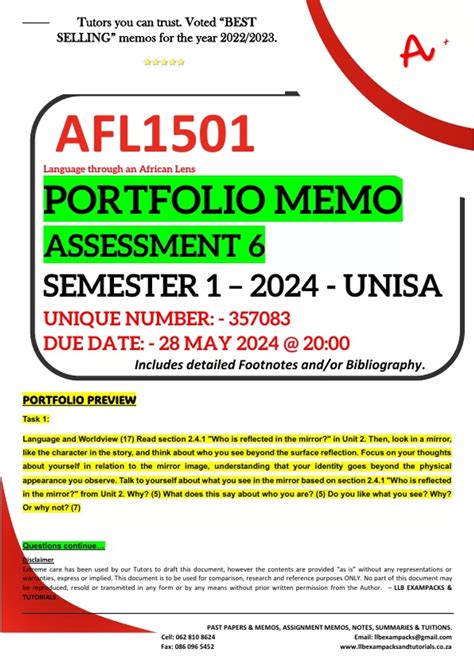 Afl1501 Portfolio Memo Assessment 6 May June 2024 Semester 1 Unisa Due Date 28 May