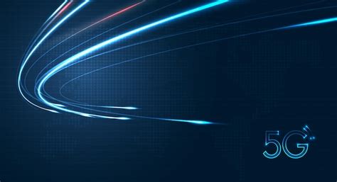 추상 인터넷 네트워크 개념 벡터 디자인에서 5g 또는 6g 기술 무선 데이터 전송 고속 인터넷을 위한 푸른 빛 행진 광섬유 속도 라인 미래 배경 프리미엄 벡터