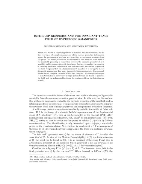 Pdf Intercusp Geodesics And The Invariant Trace Field Of Hyperbolic 3 Manifolds
