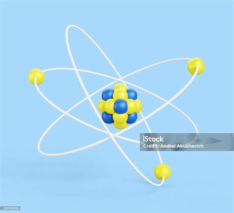 핵 전자 양성자 및 중성자의 3d 원자 구조 만화 렌더링 아이콘 화학 공식 원자 물리학 연구 화학 과학 파란색 Bg에 분리된