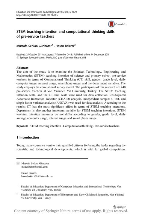 Stem Teaching Intention And Computational Thinking Skills Of Pre