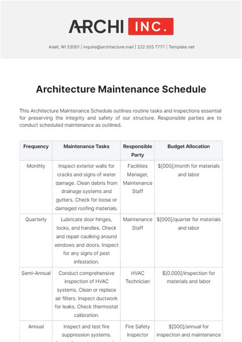Free Architecture Maintenance Schedule Template To Edit Online Free Architecture Maintenance Schedule Template To Edit Online