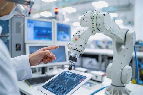 premium photo an engineer uses a digital tablet to control a robotic