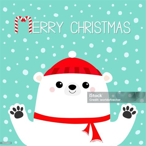 즐거운 성탄절 손 발 인쇄를 들고 흰 북극곰 빨간 겨울 스카프 모자 귀여운 만화 재미 귀 엽 다 아기 캐릭터 새해 복 많이 받으세요 평면 디자인입니다 파란 눈 배경입니다