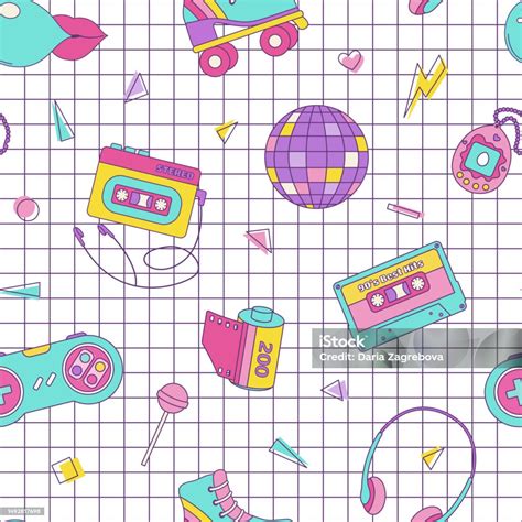 빈티지 이음매없는 패턴 80 년대 90 년대 디스코 볼 롤러 스케이트 카세트 테이프 80 년대 스타일의 기하학적 모양 체크 무늬 배경에 벡터 복고풍 배경 0명에 대한 스톡