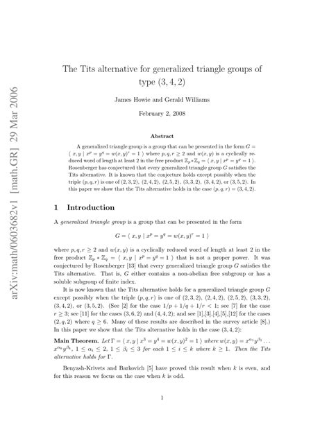 Pdf The Tits Alternative For Generalized Triangle Groups Of Type 342