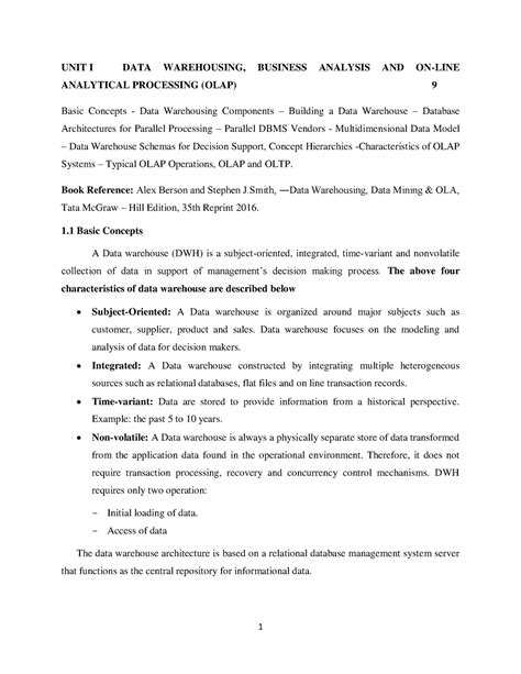 Unit I Notes On Data Warehousing And Data Mining Unit I Data Warehousing Business Analysis