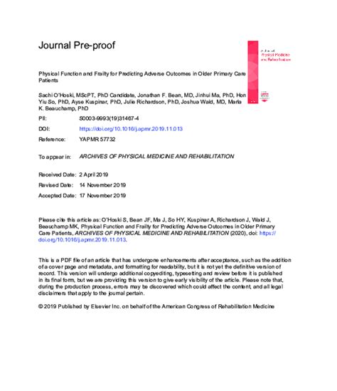 Pdf Physical Function And Frailty For Predicting Adverse Outcomes In