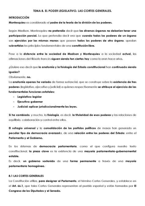 Tema 8 El Poder Legislativo Las Cortes Generales Apuntes De Derecho