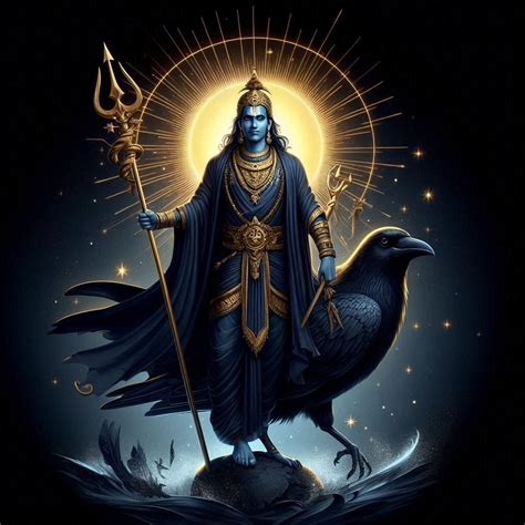 Lord Shani Dev Standing Tall On A Black Crow Dressed In Dark Blue