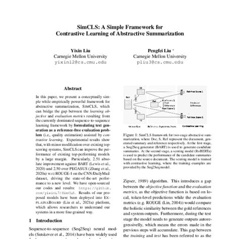 Simcls A Simple Framework For Contrastive Learning Of Abstractive Summarization Acl Anthology