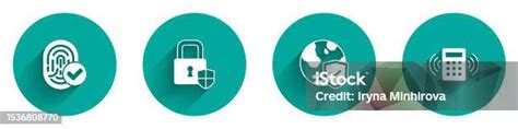 지문 잠금 장치가 있는 방패 보안 세계 지구본 및 긴 그림자가 있는 보안 키패드 액세스 패널 아이콘을 설정합니다 벡터 개념에 대한 스톡 벡터 아트 및 기타 이미지 Istock