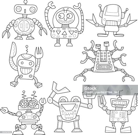 흰색 배경에 격리된 로봇 문자 집합 벡터에 대한 스톡 벡터 아트 및 기타 이미지 벡터 완구류 전자 산업 Istock