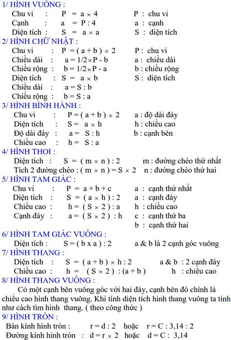 Công thức Toán tiểu học các lớp công thức hình học công thức toán chuyển động