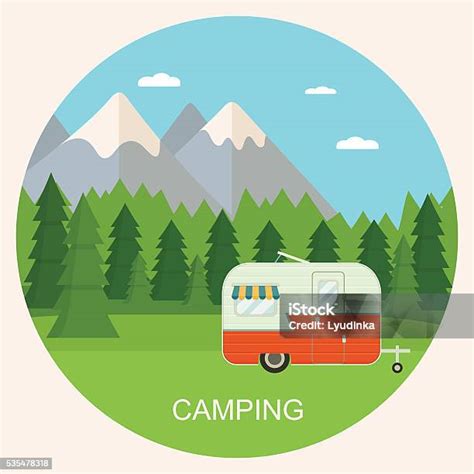 임산 캠핑 가 있는 풍경 캠핑카 벡터 평편 일러스트레이션 0명에 대한 스톡 벡터 아트 및 기타 이미지 0명 관광 구름 Istock