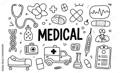 Medical Doodle Illustration Of Healthcare Symbols And Equipment