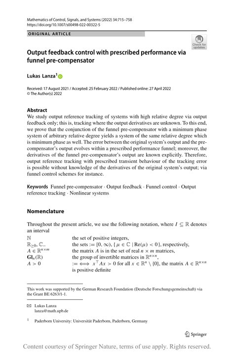 Pdf Output Feedback Control With Prescribed Performance Via Funnel Pre Compensator