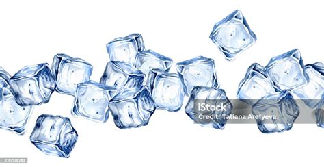크리스탈 얼음 블록 여름 상쾌한 음료에 대 한 손으로 그린 수채화 현실적인 얼음 조각과 원활한 테두리 여름 메뉴에 대 한 흰색