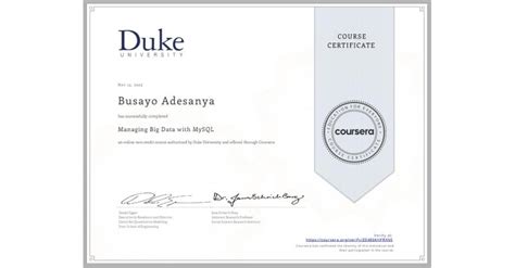 Completion Certificate For Managing Big Data With Mysql Busayo Adesanya