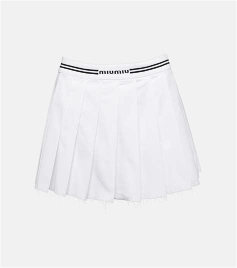 Logo Pleated Cotton Miniskirt In White Miu Miu Mytheresa