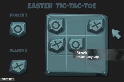 Tictactoe Stone Style Ui Game With Cursor Arrow Vector Cartoon Strategy Game Noughts And Crosses