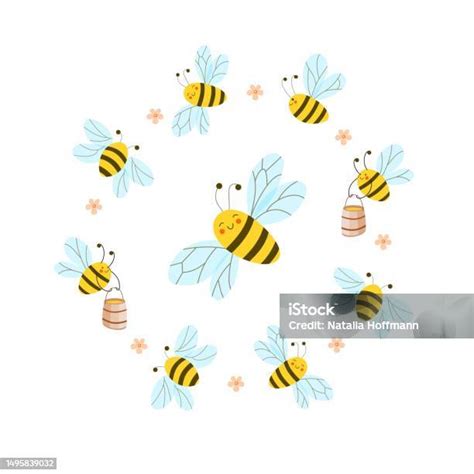 재미있는 얼굴을 가진 귀여운 꿀벌들이 꿀통을 들고 있다 꿀벌은 원 모양으로 떼를 지어 흰 바탕에 야생화를 피운다 꿀벌에 대한 스톡 벡터 아트 및 기타 이미지 Istock